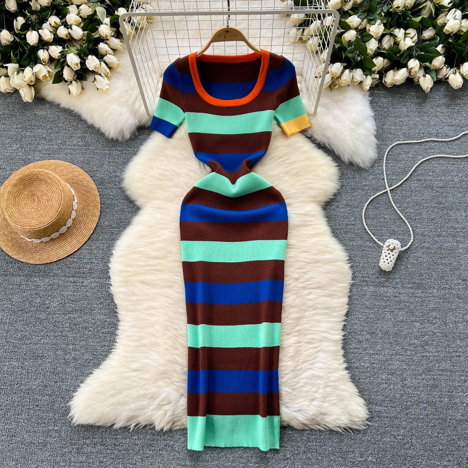 Colorful Striped Short Sleeve Maxi Dress on Luulla