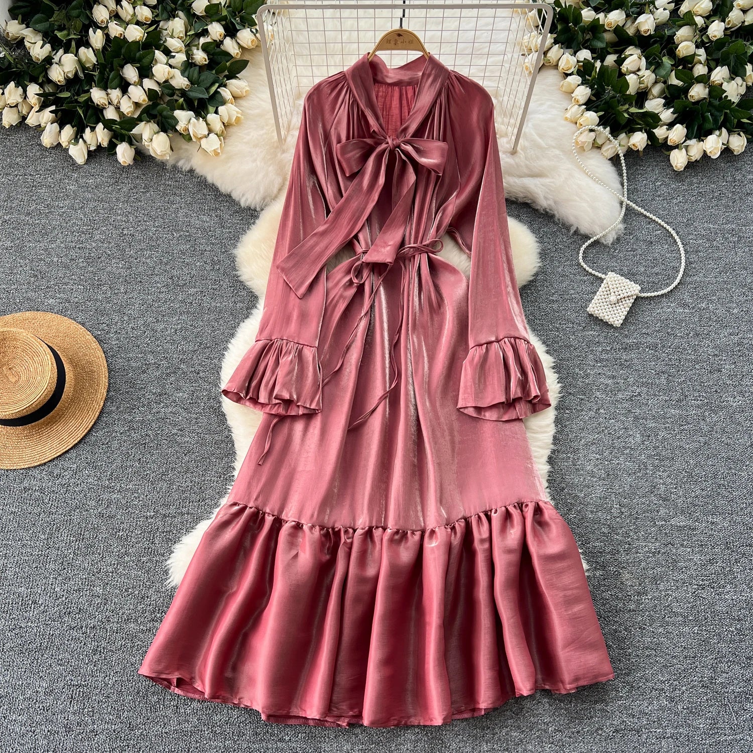 Womens Elegant Long Sleeve Satin Midi Dress on Luulla