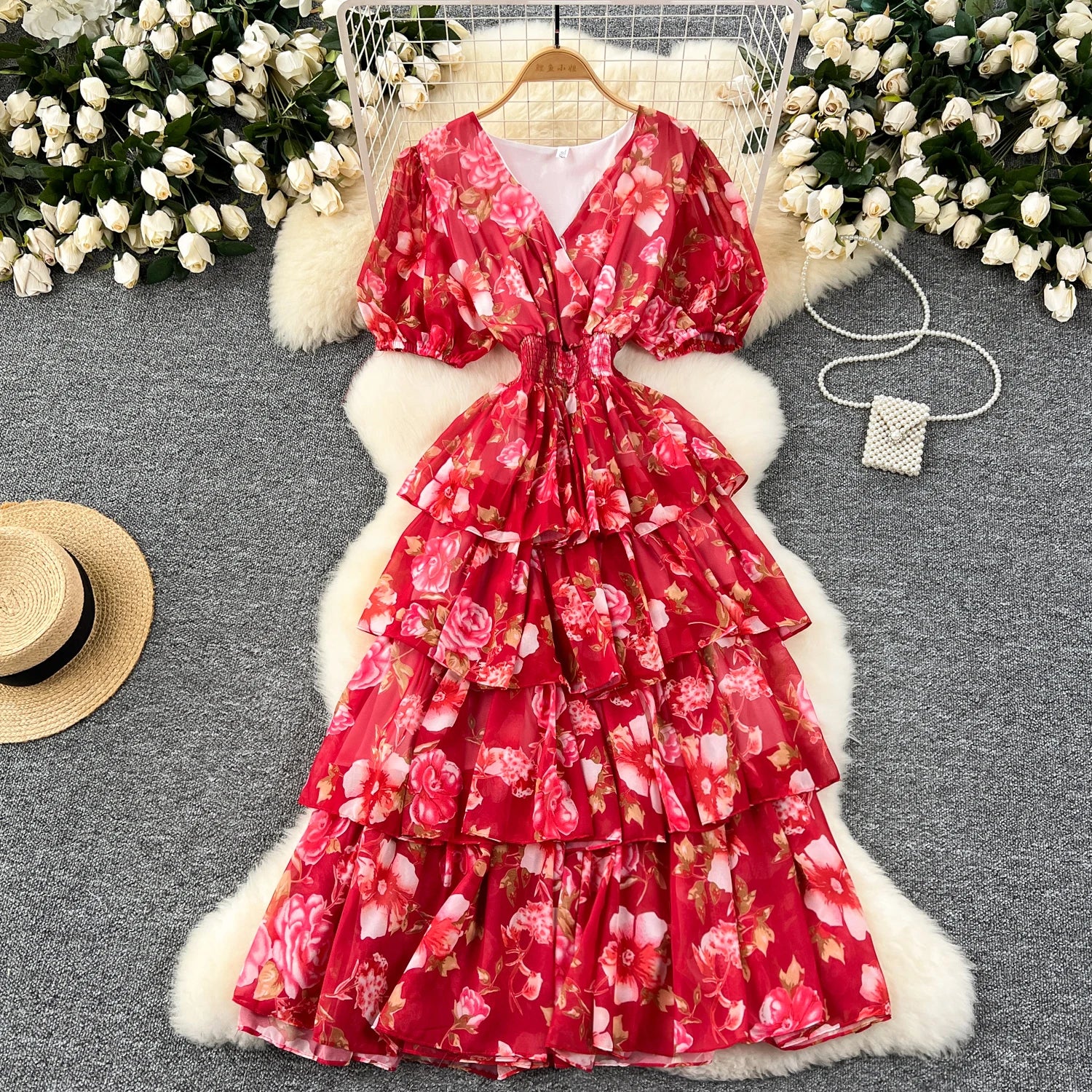 Floral Red Ruffled Maxi Dress With Sleeves on Luulla