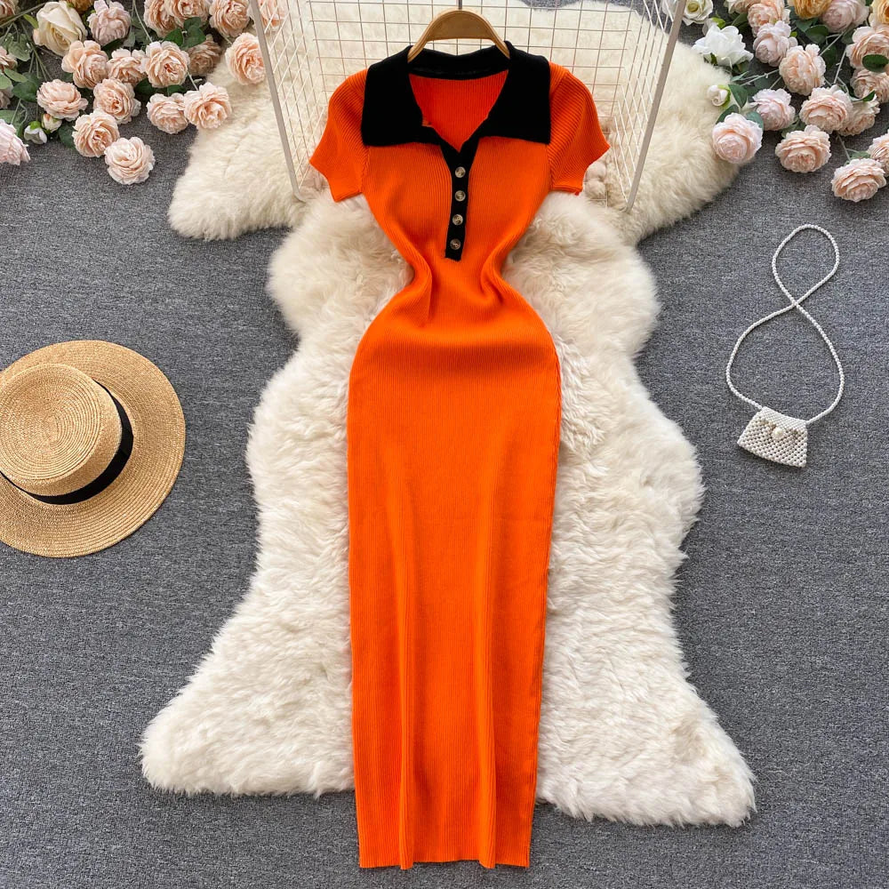 Elegant Orange Fitted Dress With Black Collar on Luulla