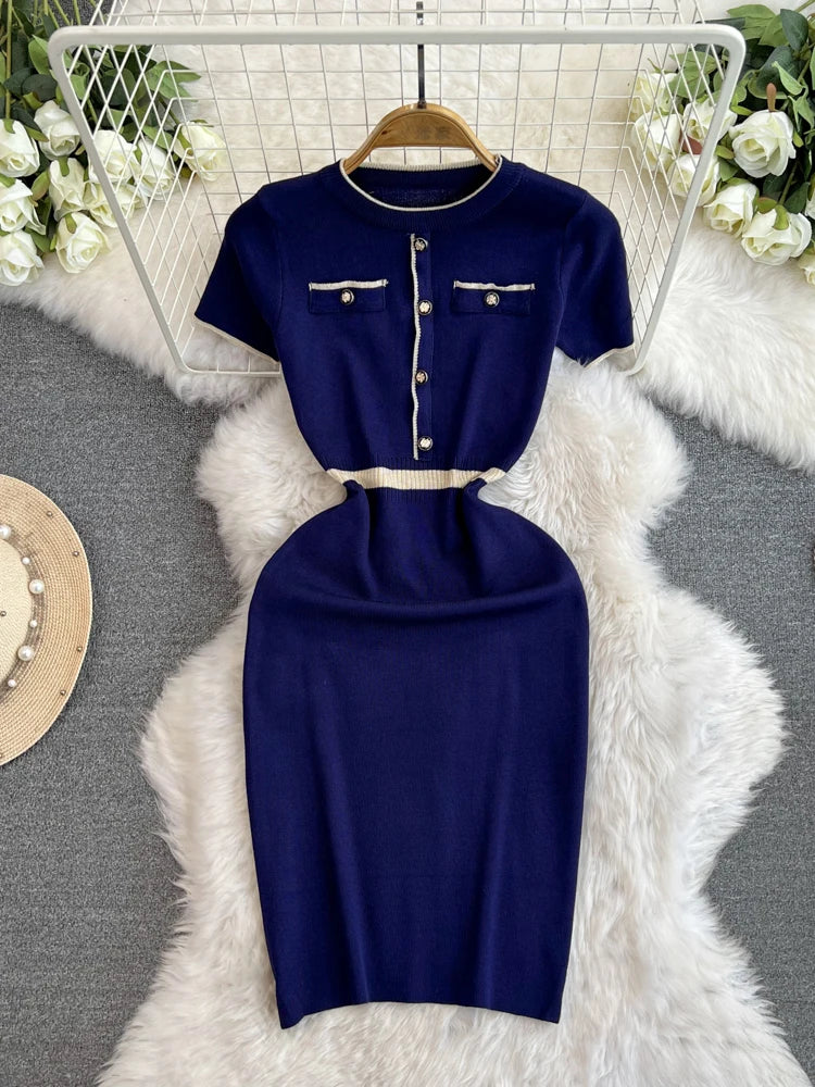 Elegant Navy Blue Button-up Knit Dress on Luulla