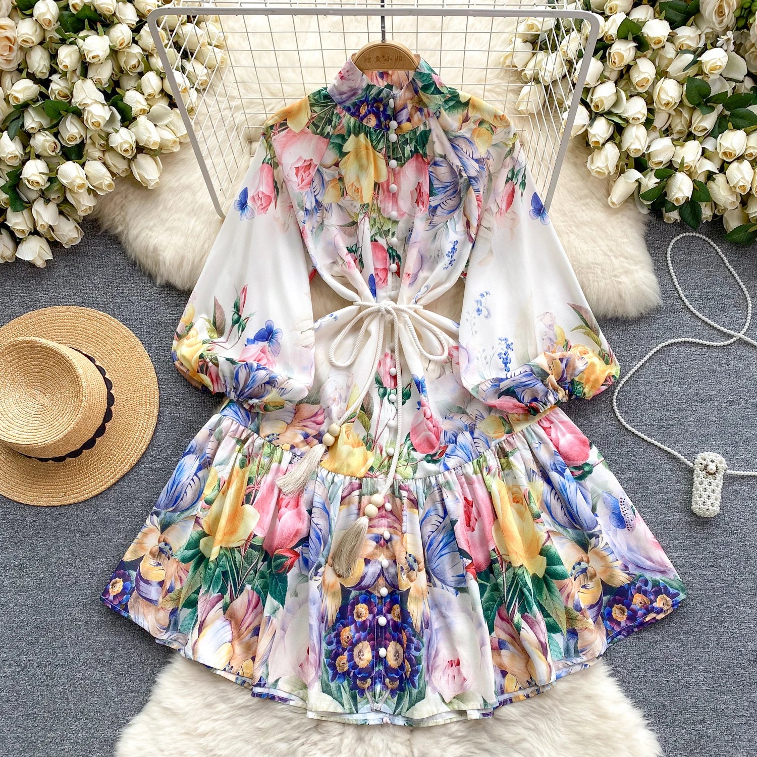 Floral Boho Chiffon Summer Dress With Drawstring Waist on Luulla