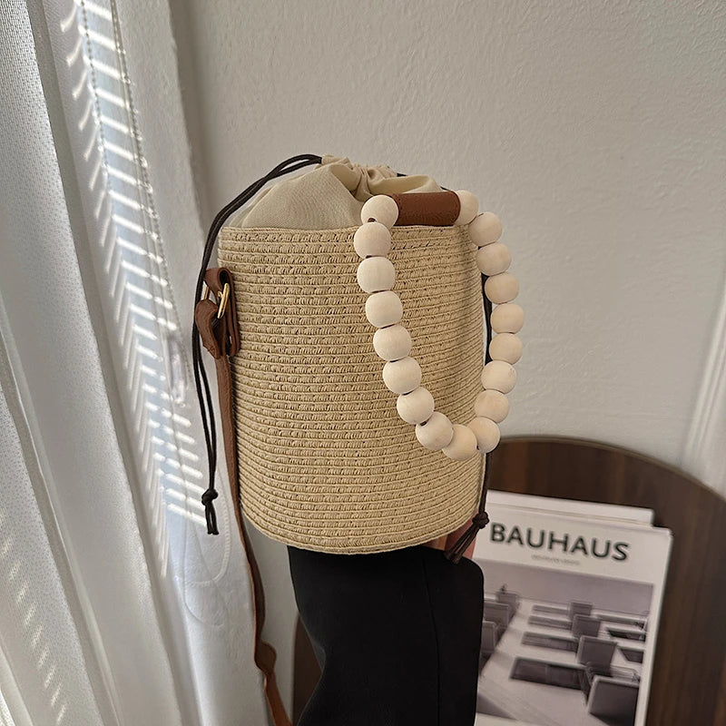 Stylish Straw Bucket Bag With Beaded Handle on Luulla