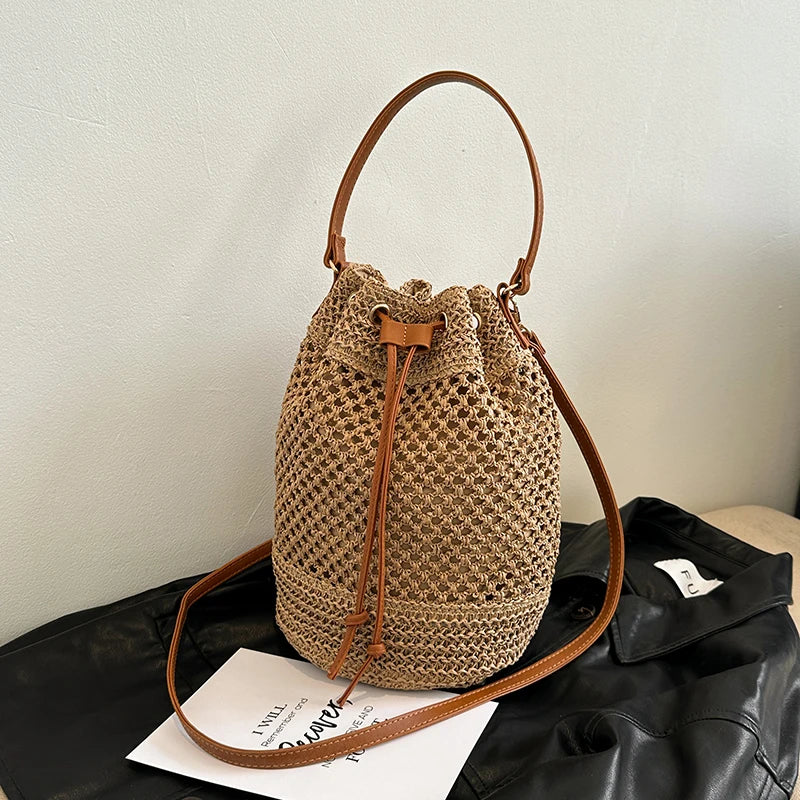 Handcrafted Woven Straw Drawstring Bucket Bag Natural on Luulla