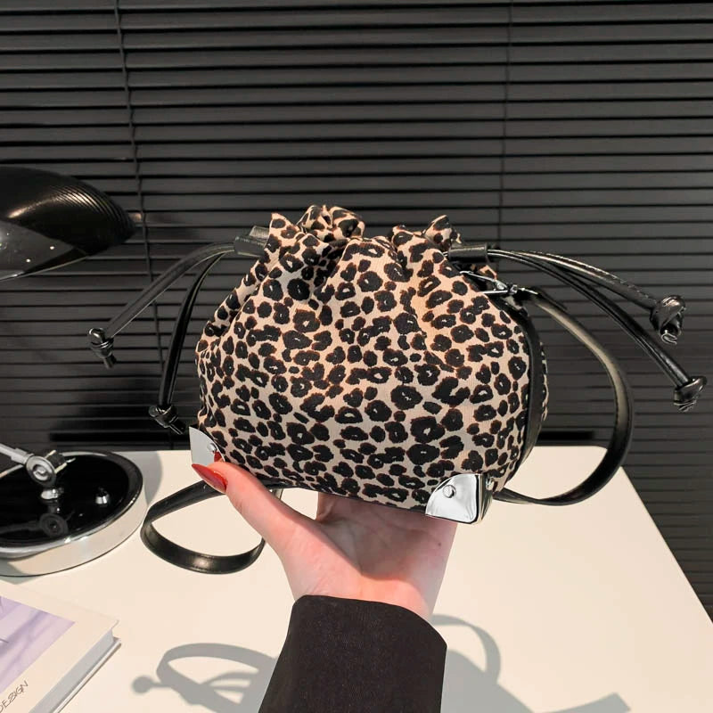 Leopard Print Drawstring Bucket Bag With Handles on Luulla