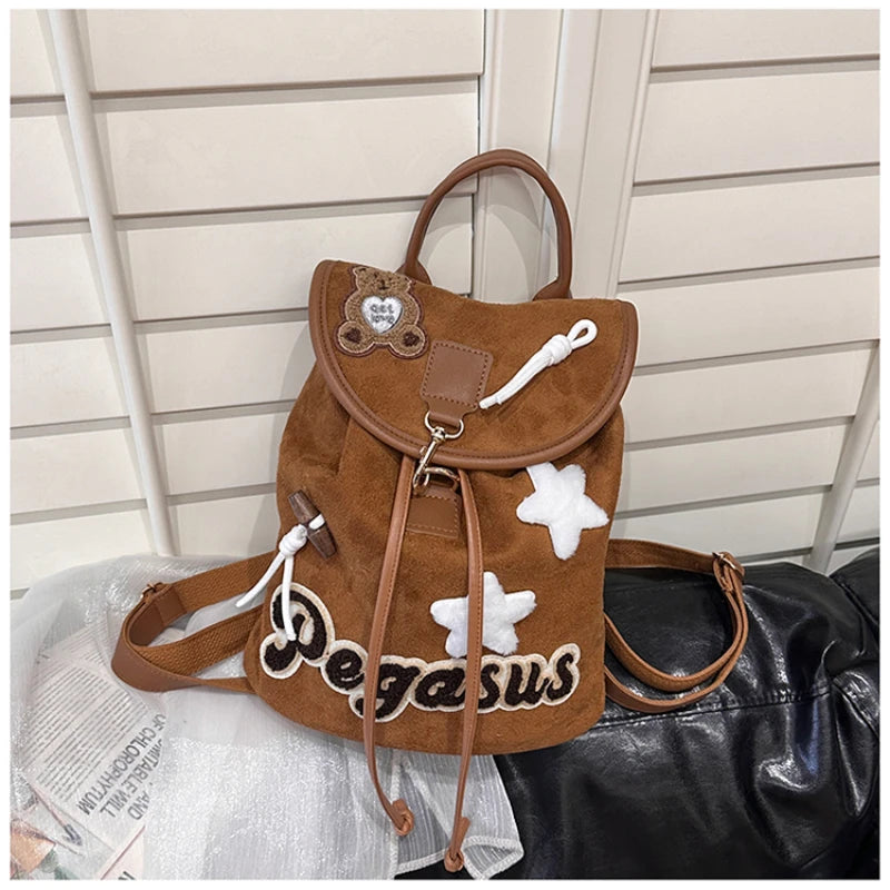Pegasus Embroidered Suede Drawstring Backpack With Stars on Luulla