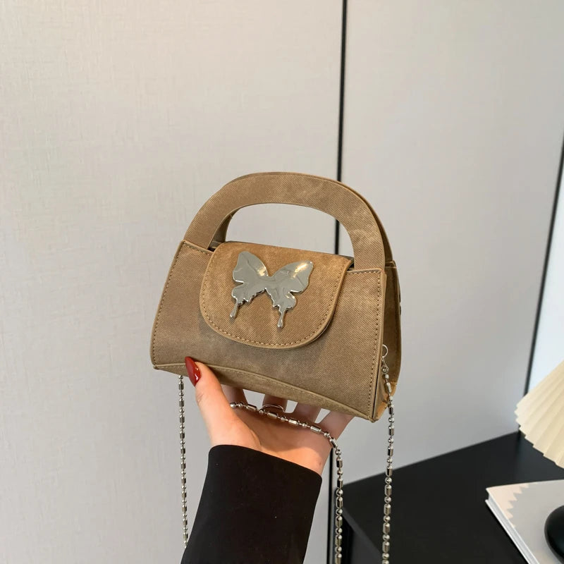 Butterfly Embellished Small Beige Handbag With Chain on Luulla