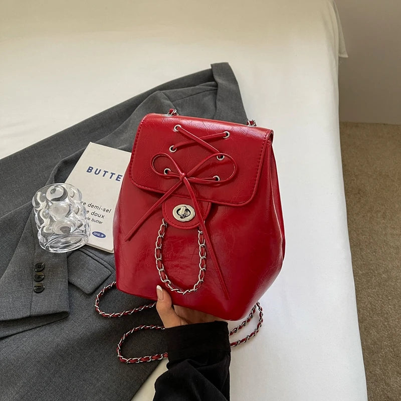 Red Faux Leather Backpack With Chain Strap on Luulla