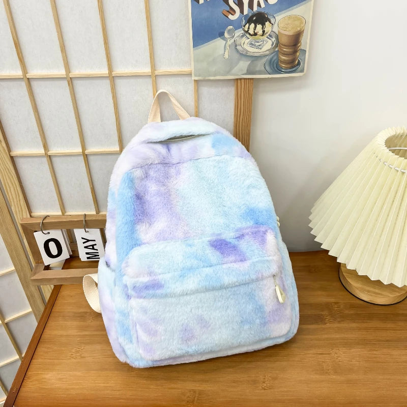 Pastel Tie-dye Plush Furry School Backpack on Luulla