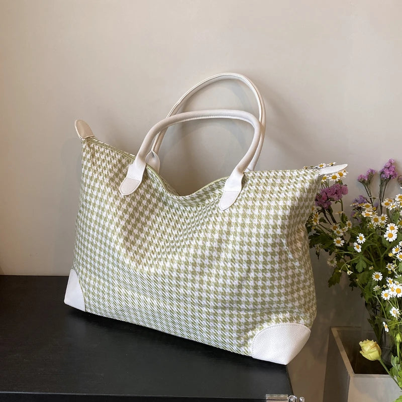 Stylish Houndstooth Tote Bag With Leather Handles on Luulla