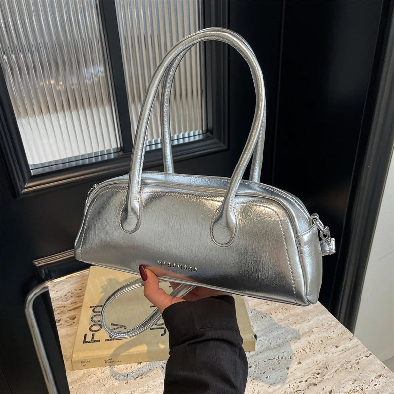 Silver Metallic Leather Handbag With Double Handles on Luulla