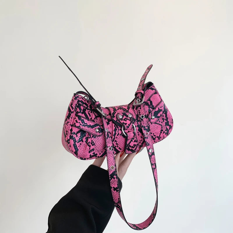 Pink Snakeskin Pattern Shoulder Bag With Buckles on Luulla