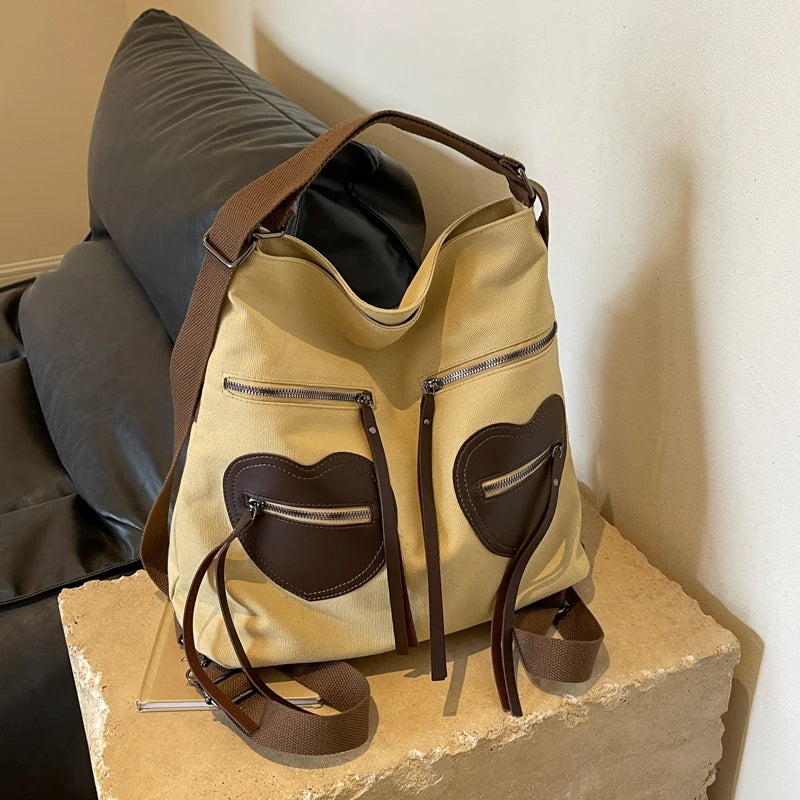 Stylish Canvas Backpack With Heart Pocket Design on Luulla