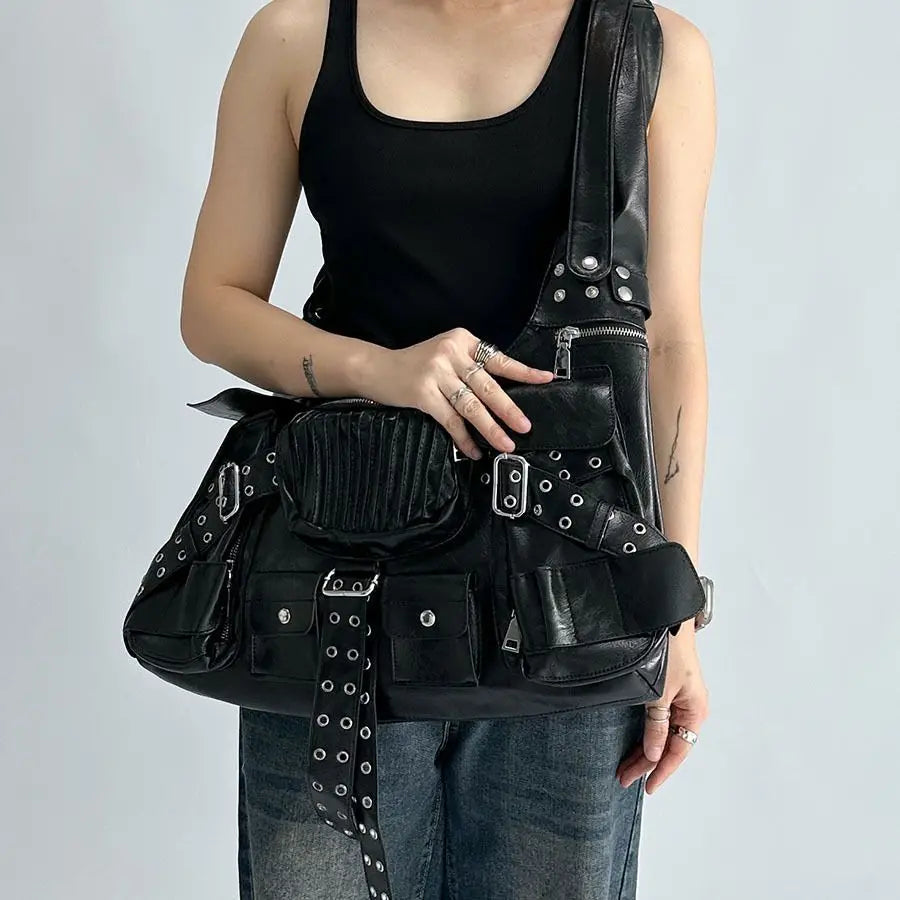 Black Punk Leather Shoulder Bag With Studs on Luulla