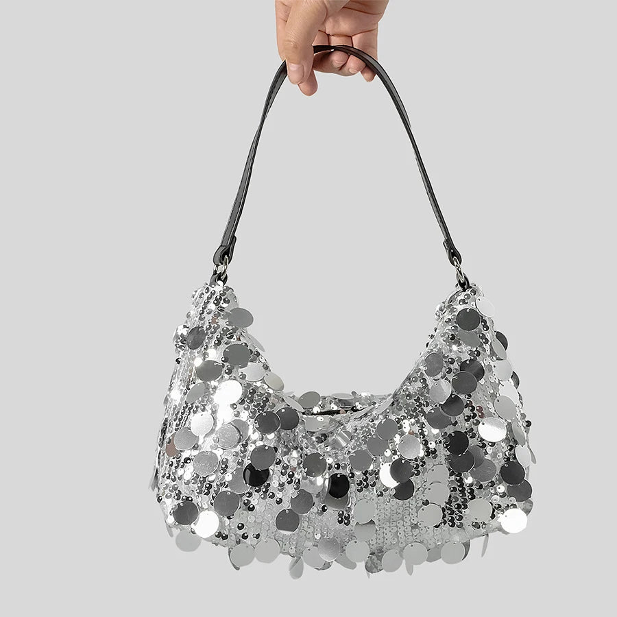 Silver Sequin Shoulder Bag With Black Strap on Luulla