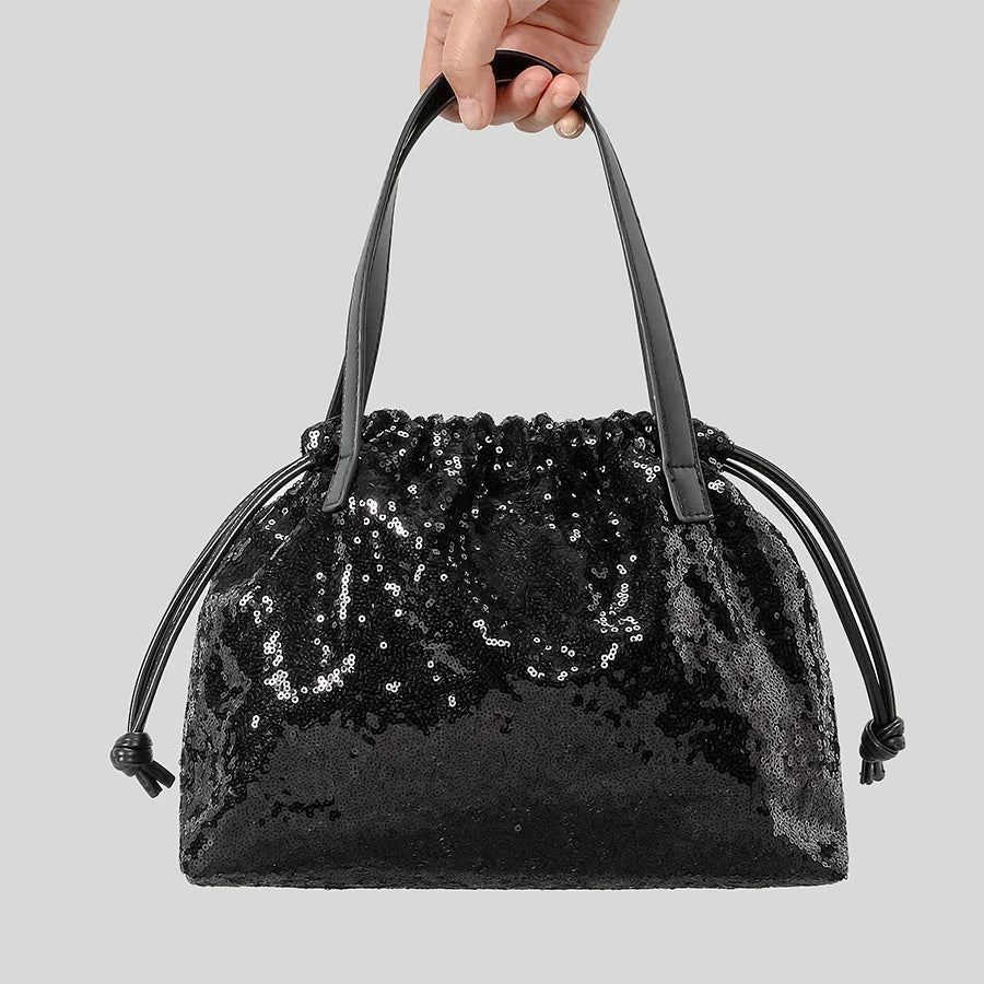 Black Sequined Drawstring Evening Bag With Handles on Luulla