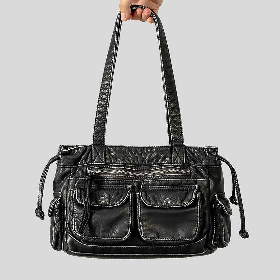 Black Leather Handbag With Multiple Front Pockets on Luulla