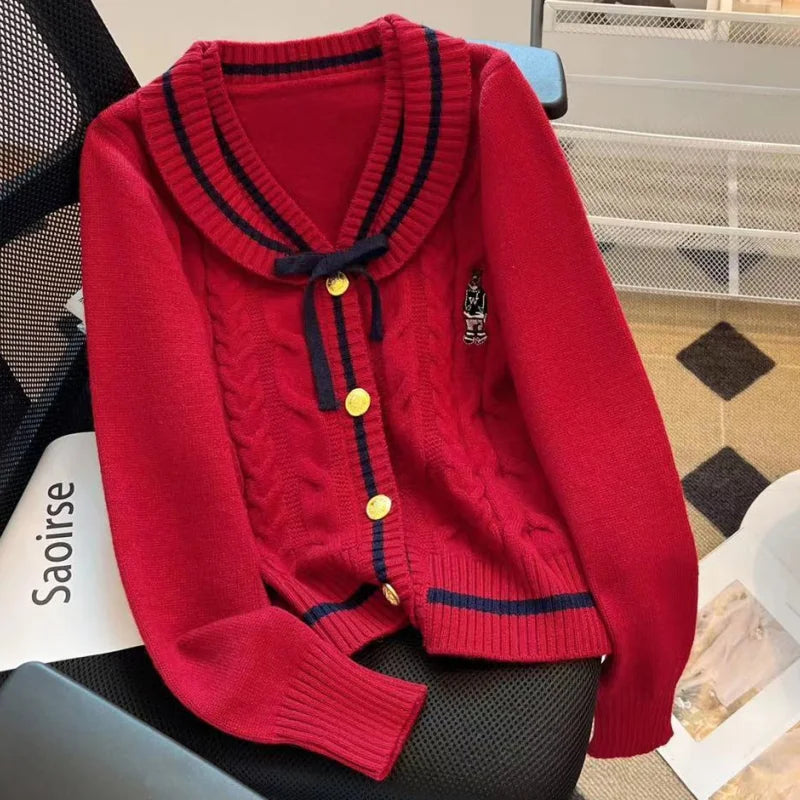 Womens Red Cable Knit Cardigan With Buttons on Luulla