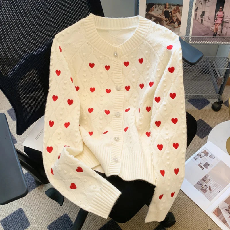 Cozy White Cardigan With Red Heart Details on Luulla