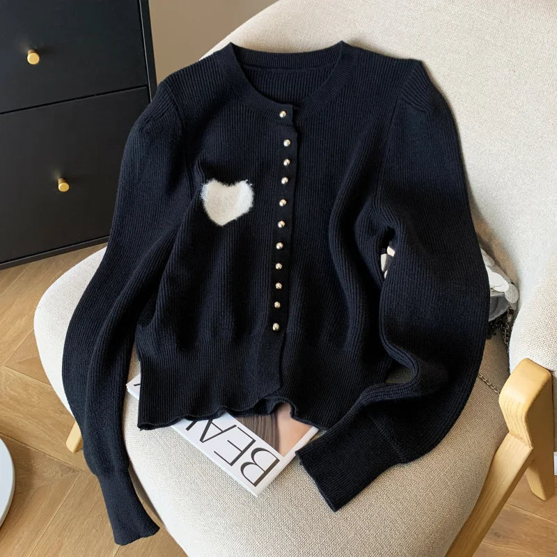 Black Cardigan With Heart Patch And Buttons on Luulla