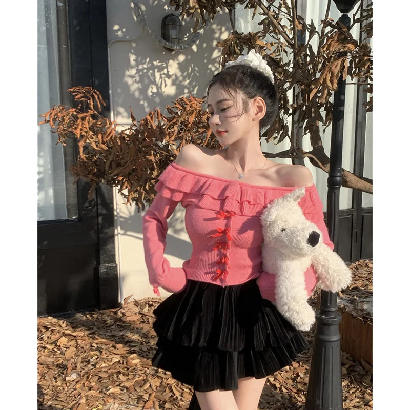 Off-shoulder Pink Blouse With Ruffle Sleeves on Luulla