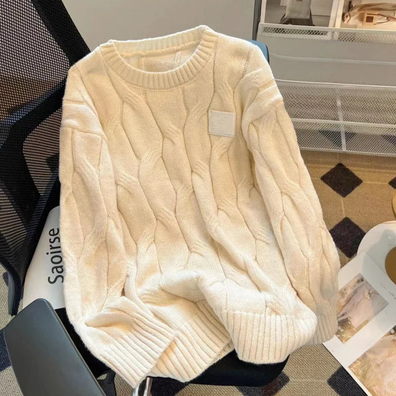 Cozy Cable Knit Cream Sweater For Women on Luulla