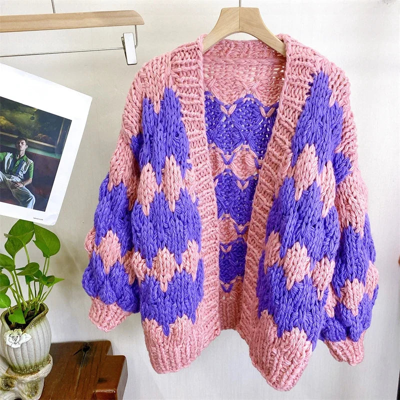 Chunky Knit Cardigan With Bold Color Patterns on Luulla