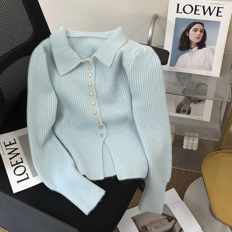 Cozy Light Blue Ribbed Button-up Cardigan Sweater on Luulla