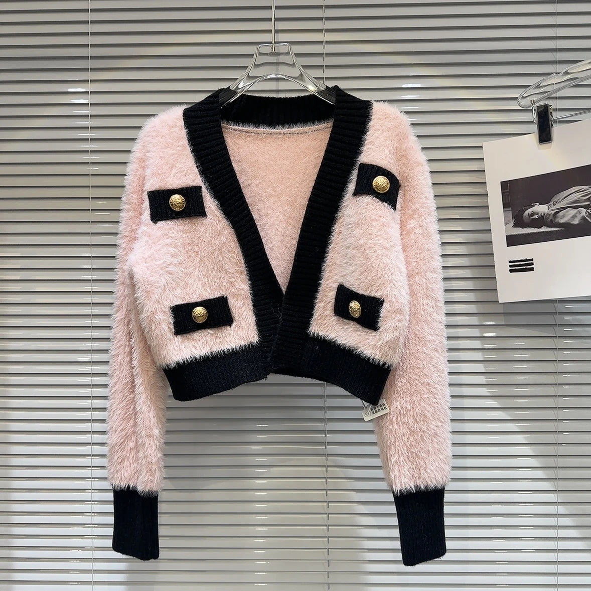 Chic Fuzzy Cardigan With Black Trim Details on Luulla