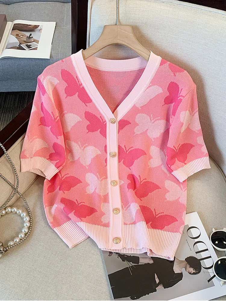 Pink Butterfly Pattern Knit Cardigan For Women on Luulla