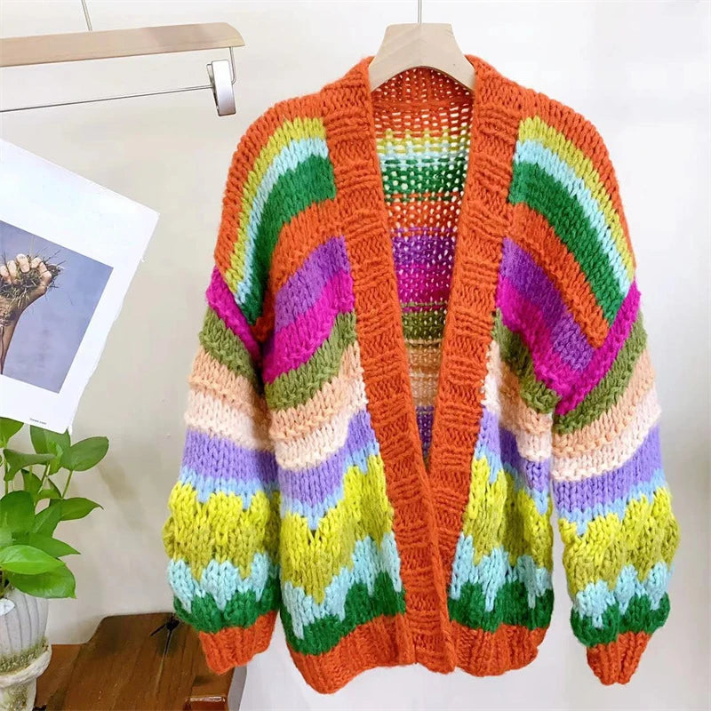 Colorful Hand-knitted Chunky Oversized Cardigan Sweater on Luulla