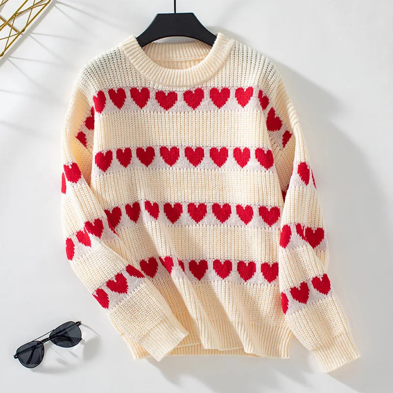 Cozy Knit Sweater With Red Heart Pattern on Luulla