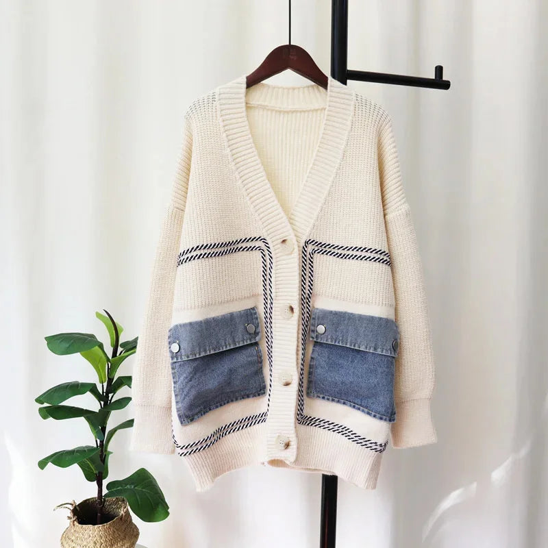 Cozy Oversized Cardigan With Denim Pocket Details on Luulla