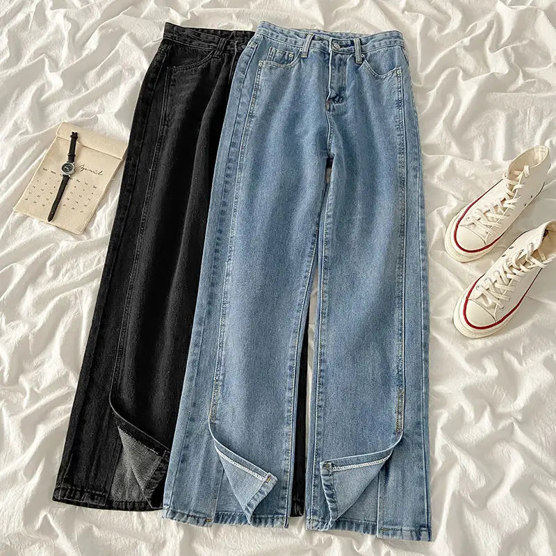 High Waisted Wide Leg Split Hem Jeans on Luulla