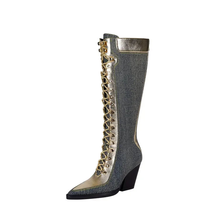 Womens Denim And Gold Lace-up Boots on Luulla