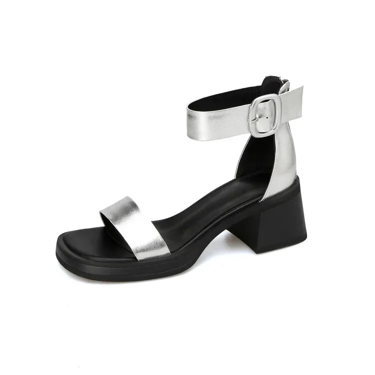 Silver Metallic Block Heel Sandal With Buckle on Luulla