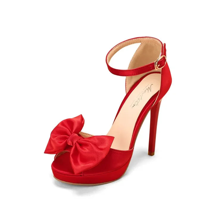 Red Satin Bow High Heel Sandals on Luulla