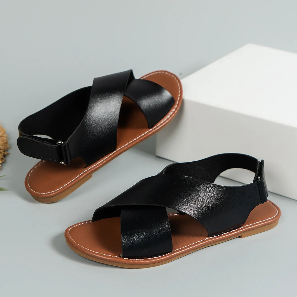 Mens Stylish Black Leather Cross Strap Sandals on Luulla