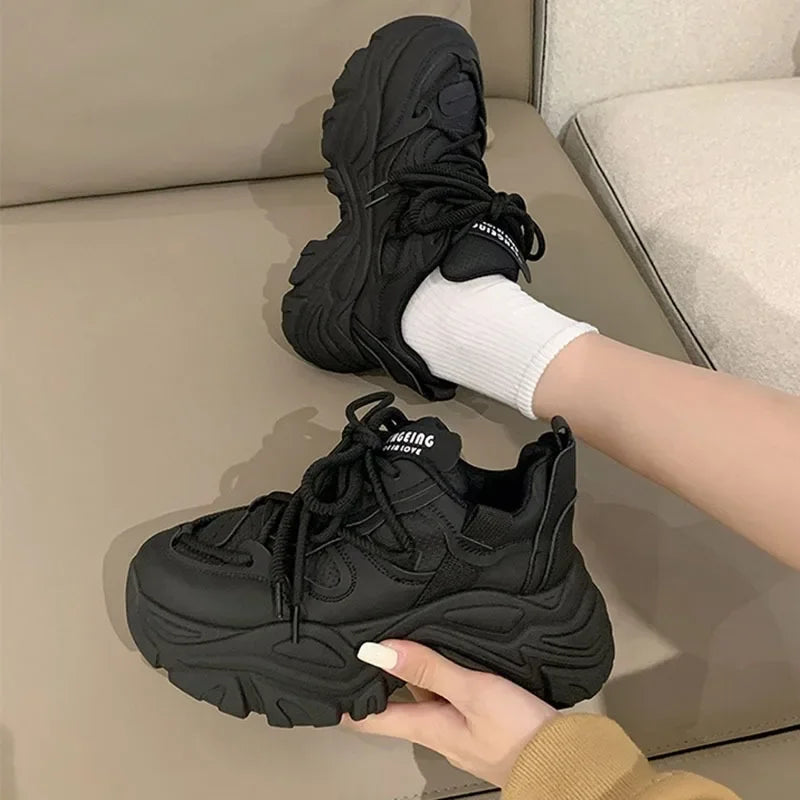 Unisex Black Chunky Platform Sneakers With Laces on Luulla