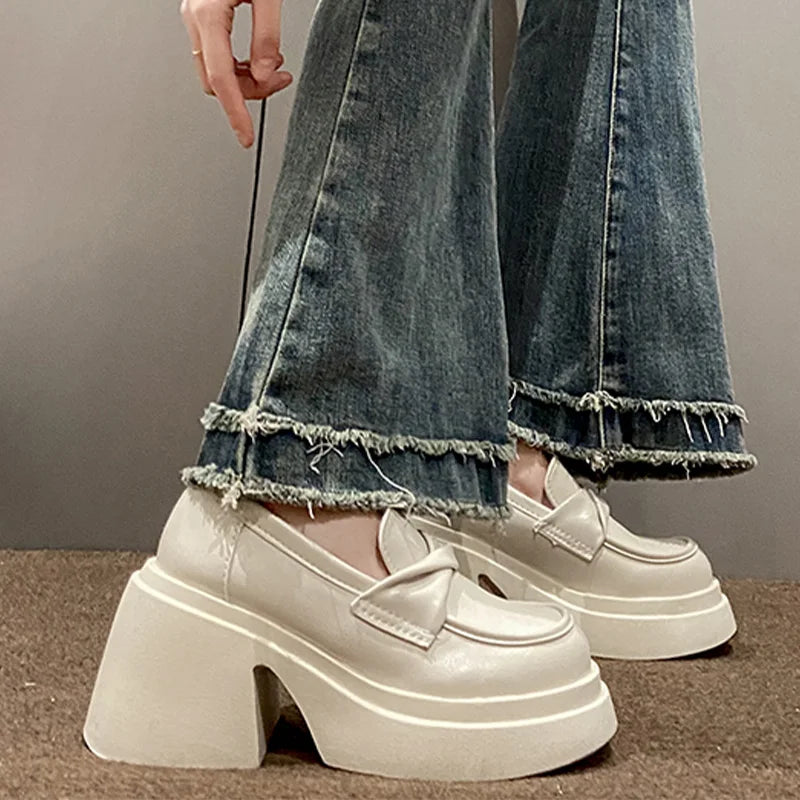 Platform Loafer Heels With Frayed Denim Jeans on Luulla
