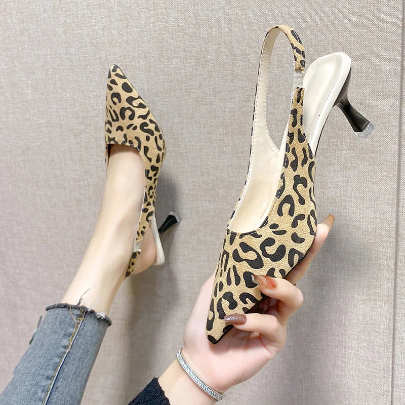 Leopard Print Slingback Pointed Toe Heel Sandals on Luulla