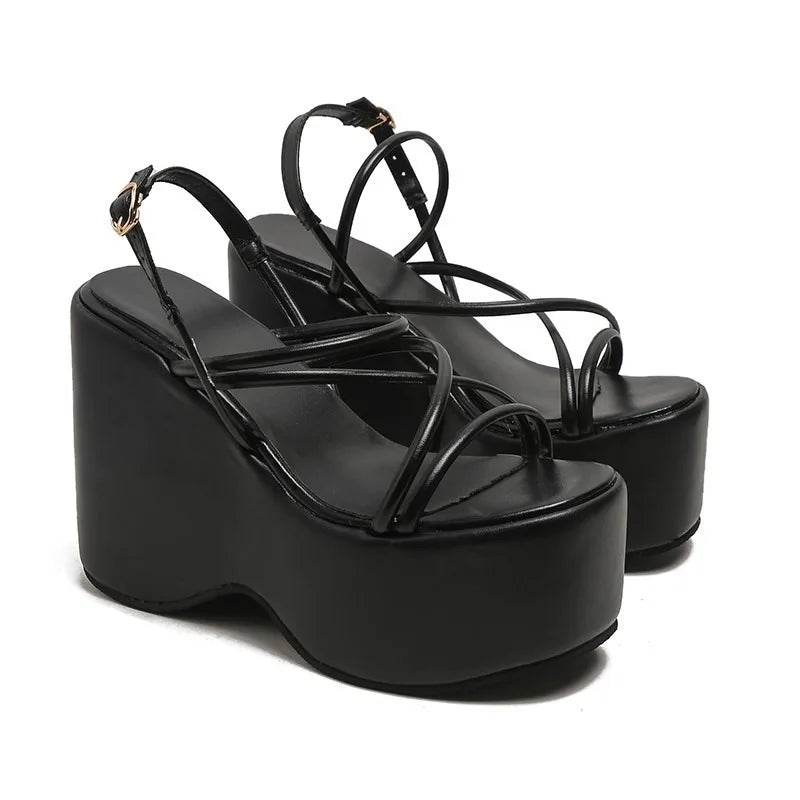 Black Strappy High Platform Wedge Sandal Shoes on Luulla