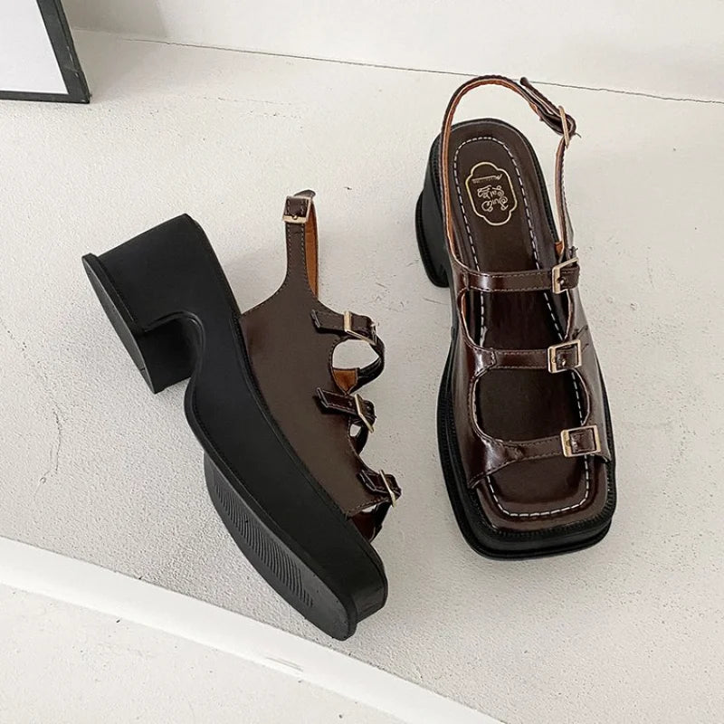 Chunky Brown Strappy Sandals With Block Heel on Luulla