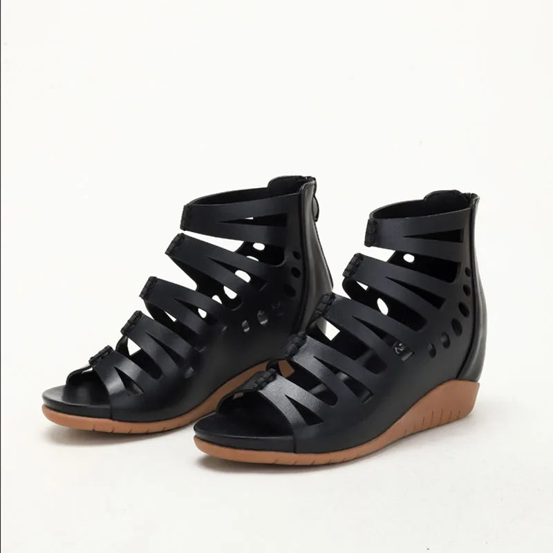 Womens Black Strappy Wedge Sandals With Back Zipper on Luulla