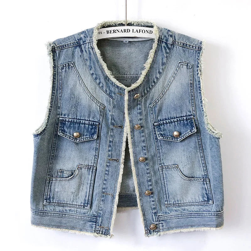 Stylish Frayed Denim Vest With Button on Luulla