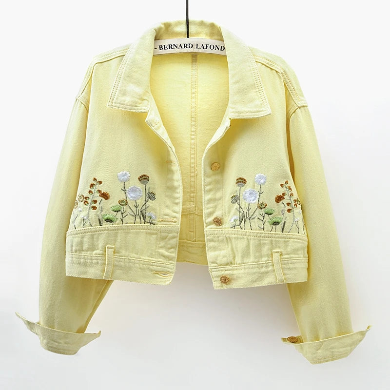 Floral Embroidered Yellow Denim Jacket With Buttons on Luulla