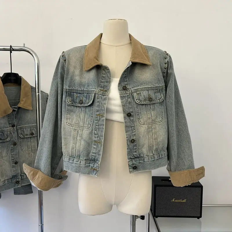 Vintage Washed Denim Jacket With Beige Collar on Luulla