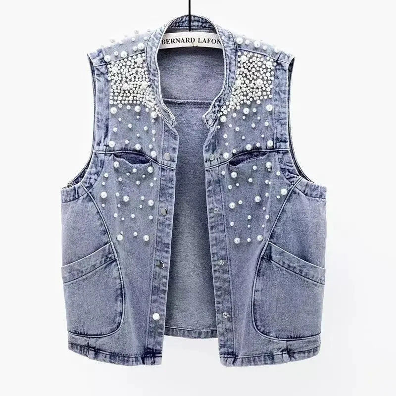 Womens Denim Vest With Rhinestone Studded Design on Luulla