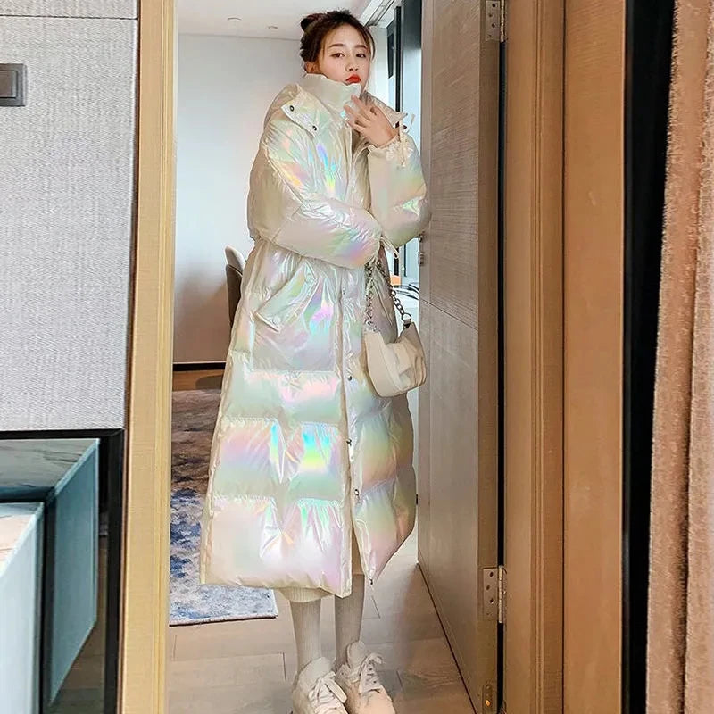 Holographic Long Puffer Jacket With Hooded Design on Luulla