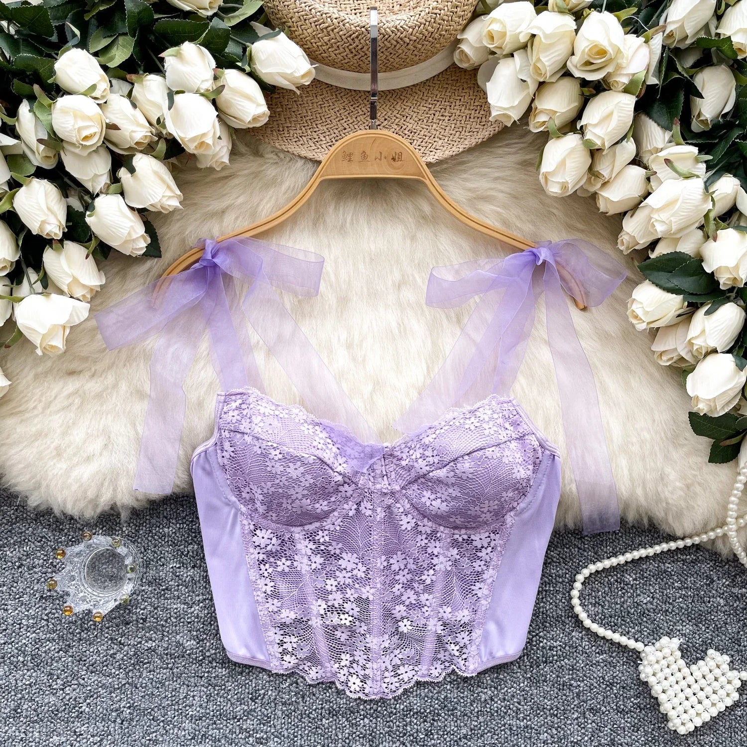 Lilac Lace Top With Sheer Tulle Straps on Luulla